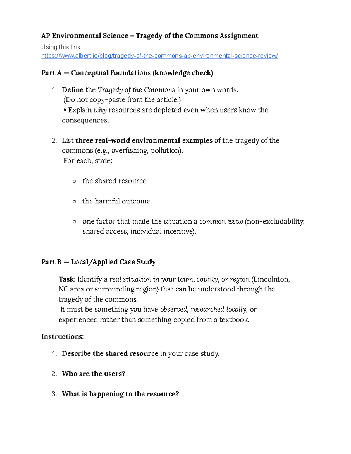 AP Environmental Science: Tragedy of the Commons Assignment - Studocu