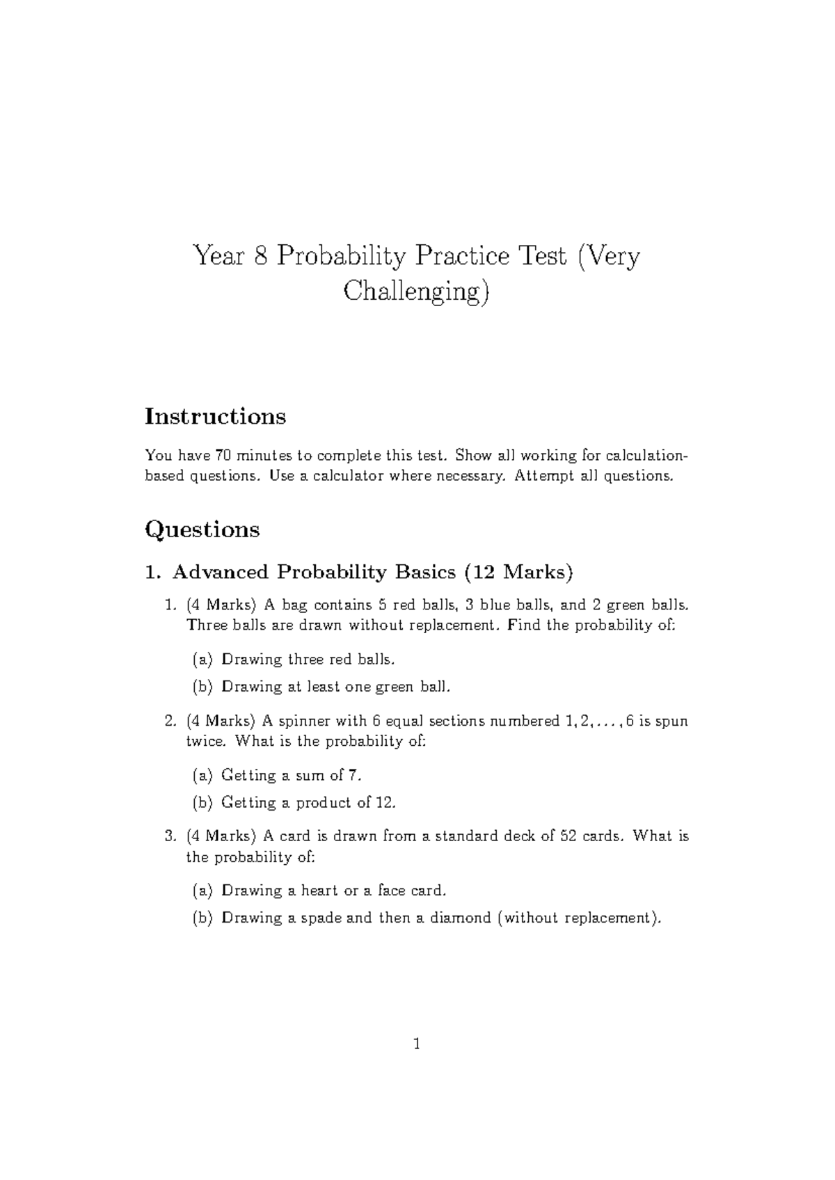 Exam 6 - good practice - Year 8 Probability Practice Test (Very ...