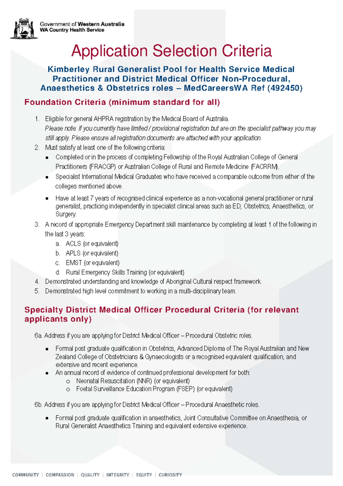 Applicant Selection Criteria for Kimberley Rural Generalist Pool - Studocu