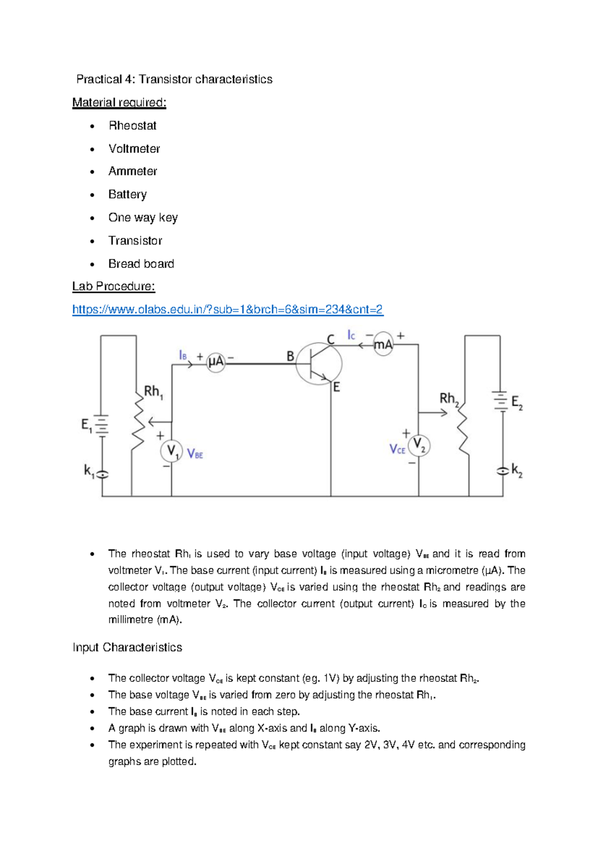 Practical 4: Transistor Characteristics SPHB032 2025 Lab Guide - Studocu