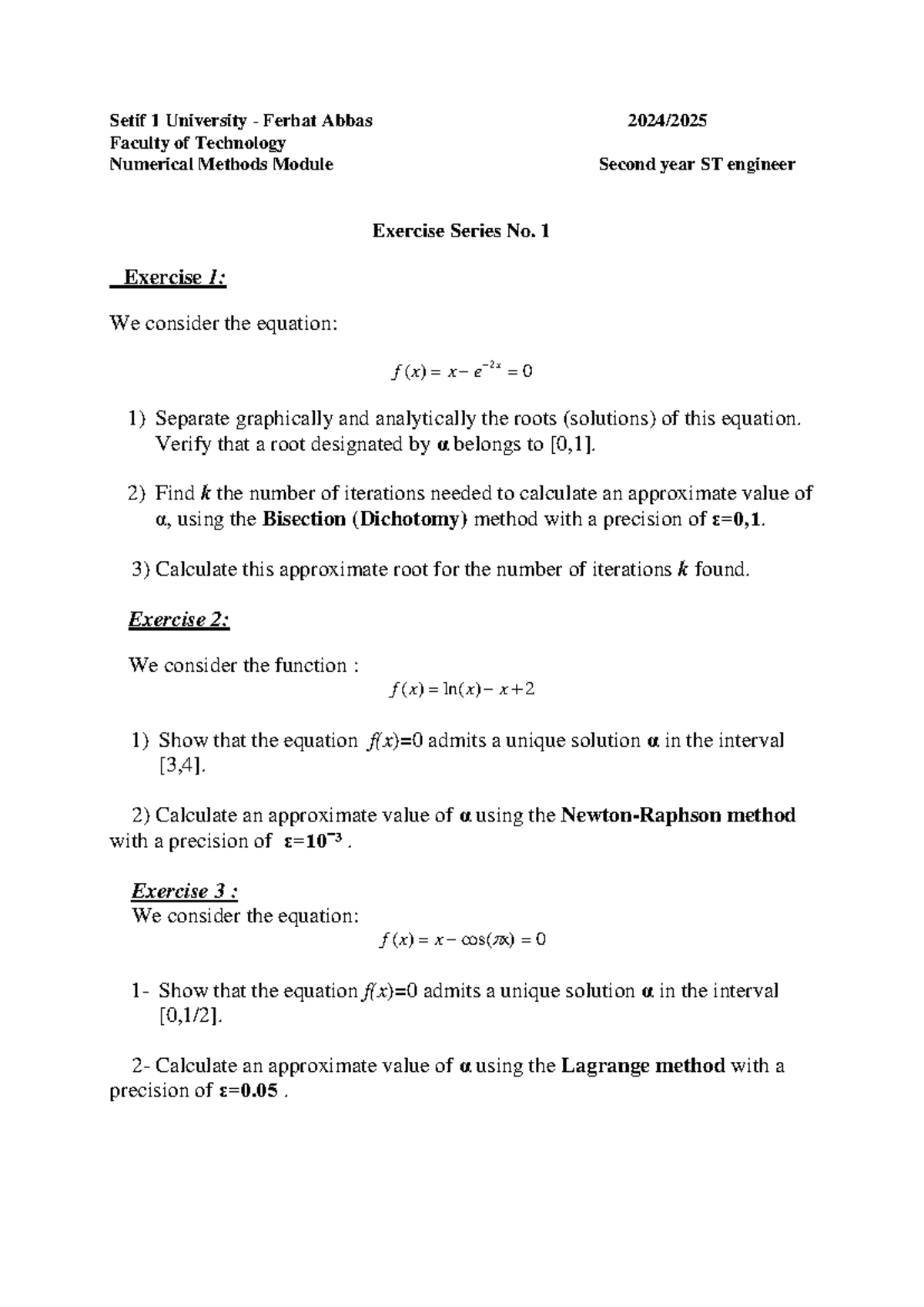 Série N1 - Numerical Methods Exercises for ST Engineer 2024 - Studocu