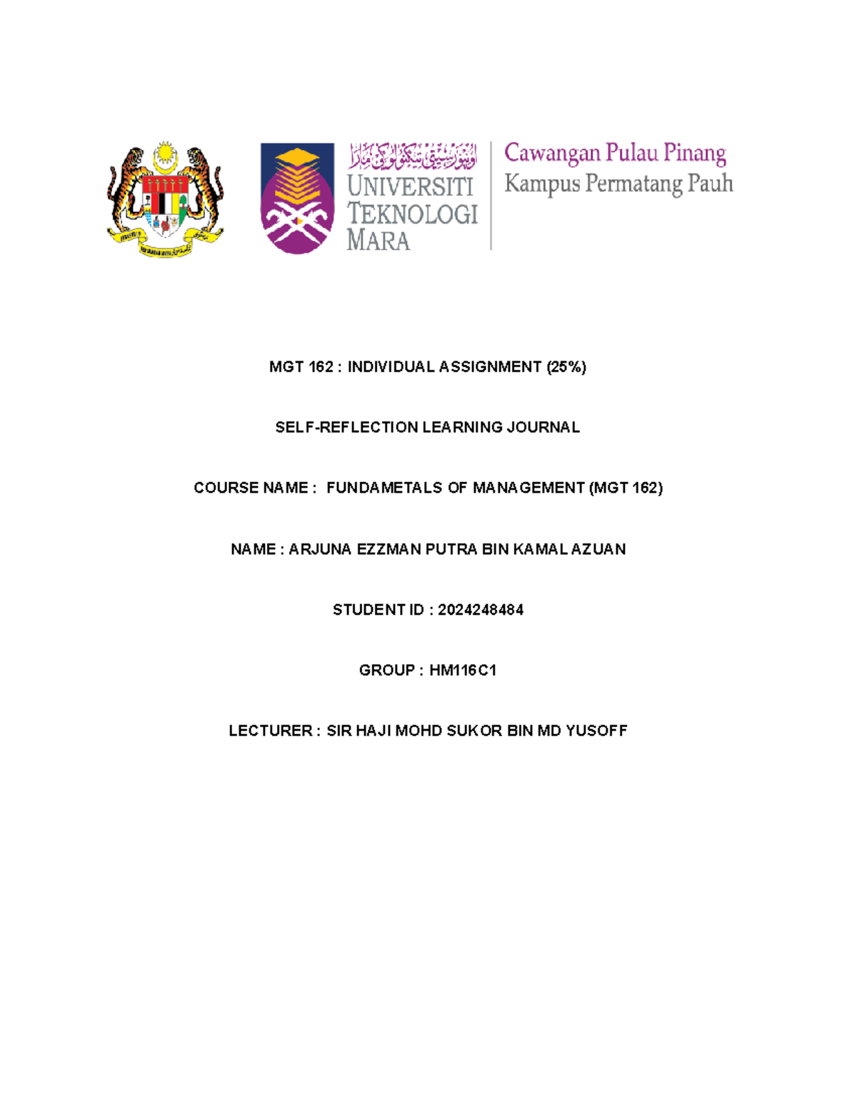MGT 162: Self-Reflection Learning Journal on Management Principles ...