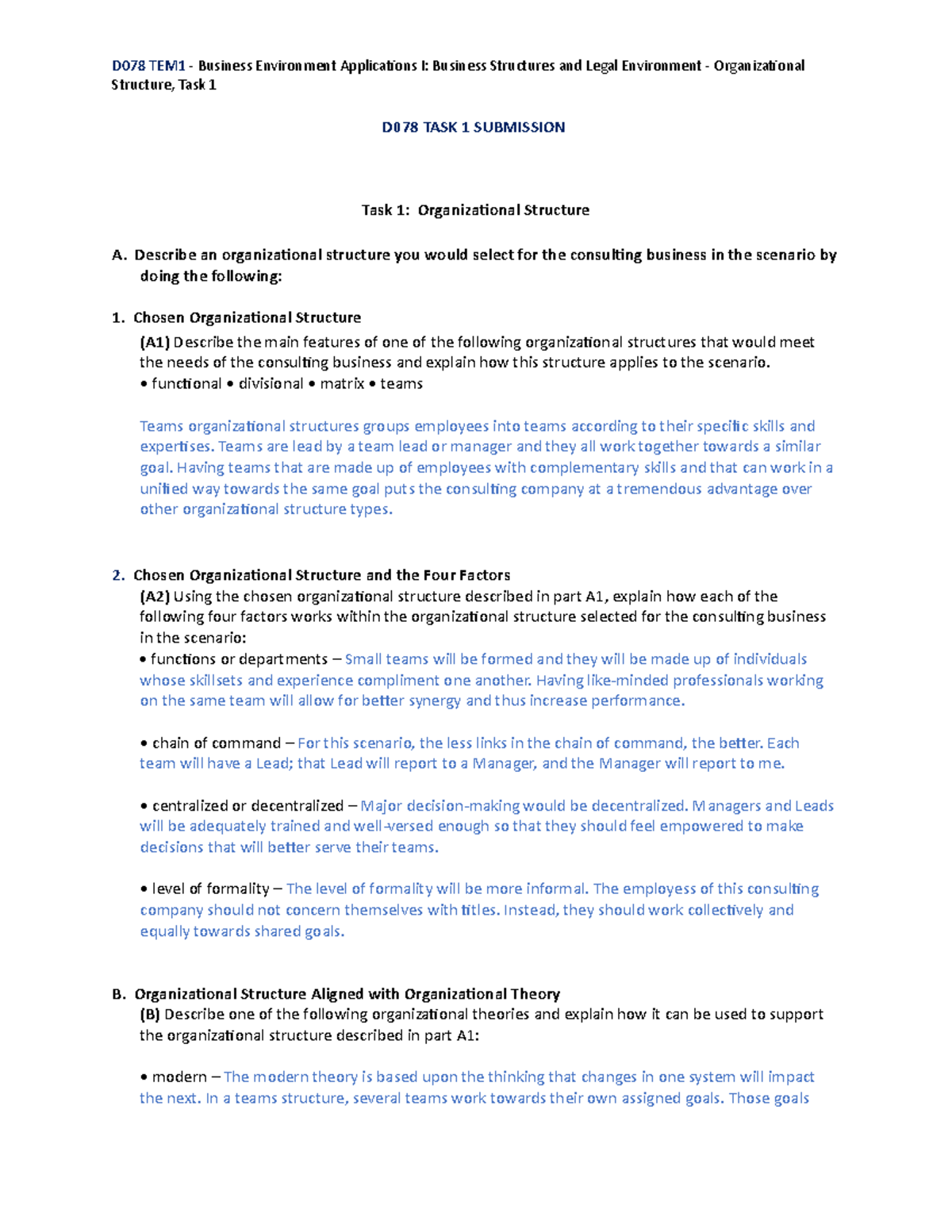 D078 Task 1: Org Structure for Consulting Business Scenario - Studocu