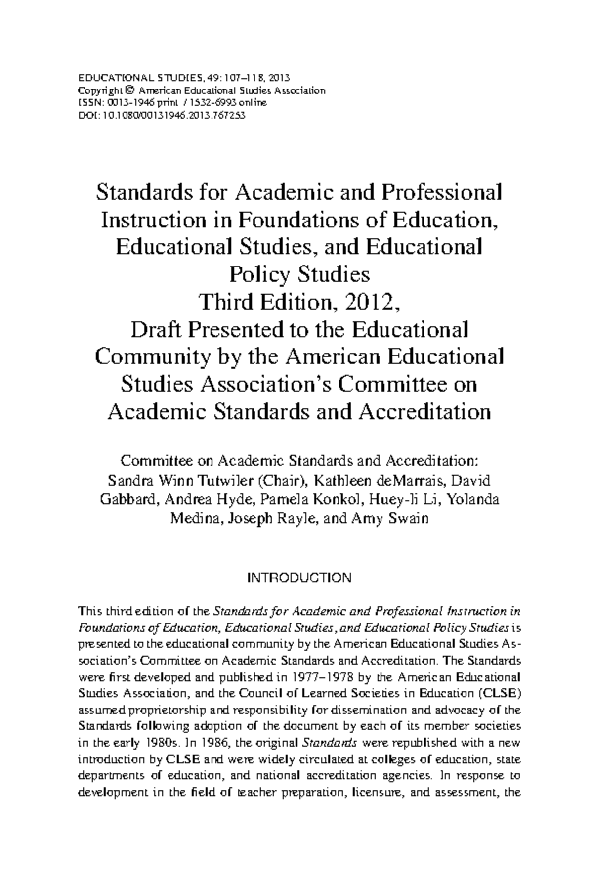 Standards for Academic Instruction in Foundations of Education & Policy ...