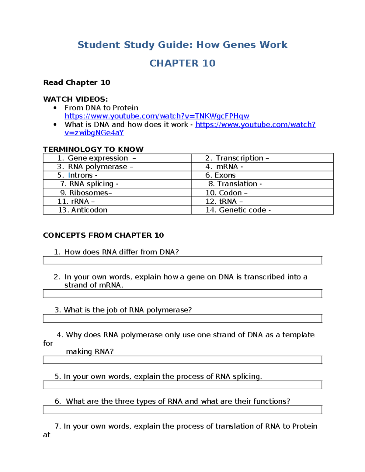 Student Study Guide: Gene Expression & RNA Processes (CH 10) - Studocu