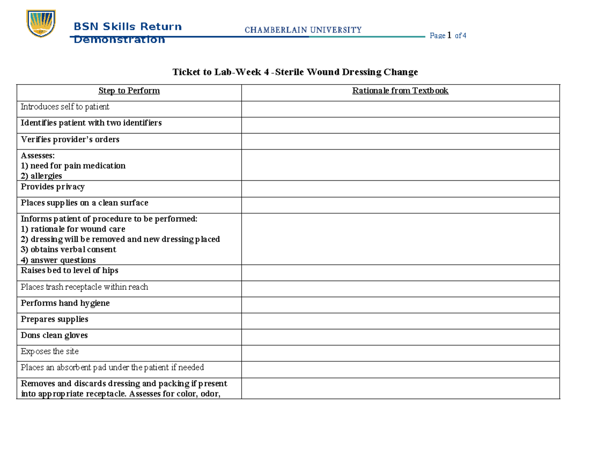 Week 4 -Ticket to Lab-Sterile Wound Dressing Change - BSN Skills Return ...