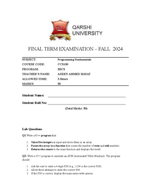 CC-112 Programming Fundamentals Lecture Plan - Title Programming ...