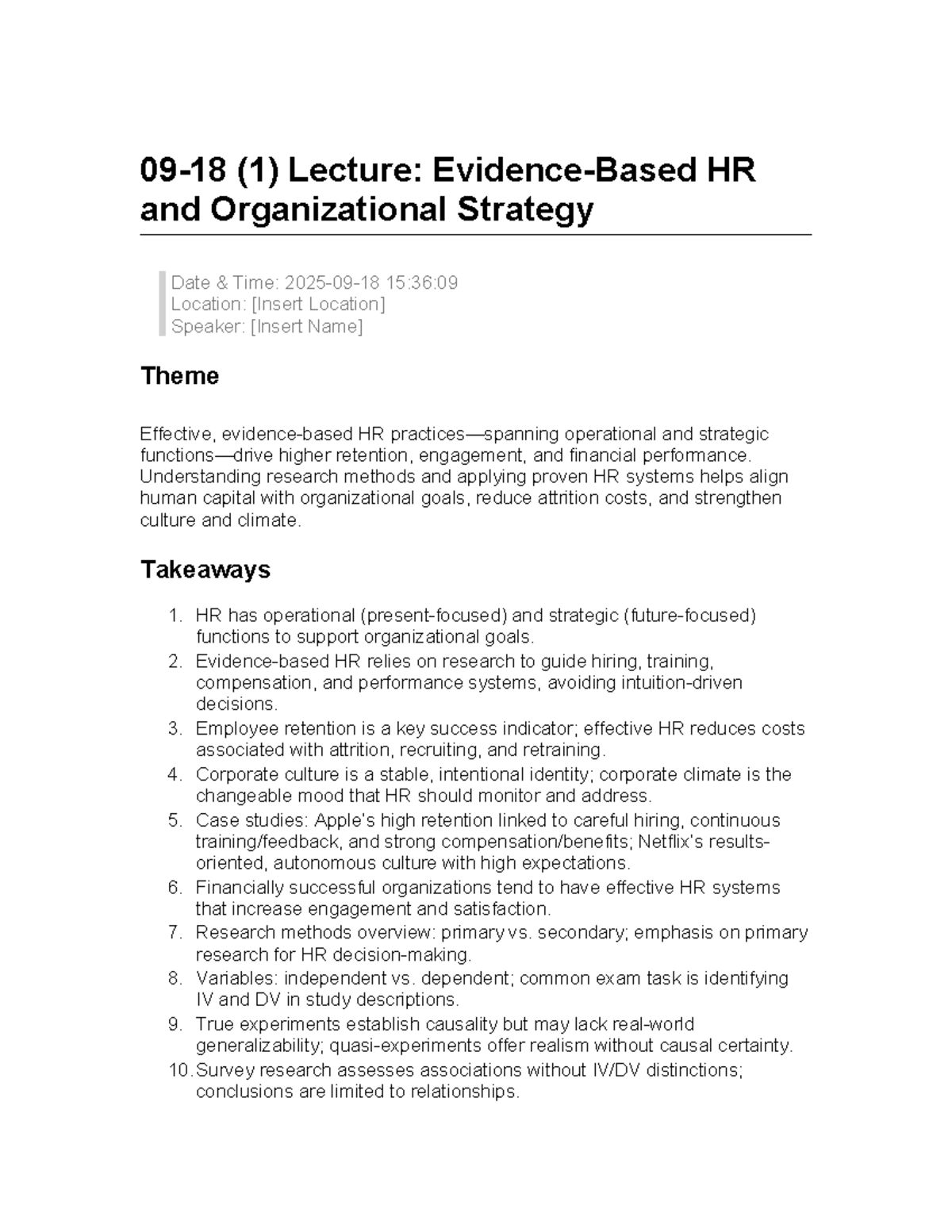 Lecture: Evidence-Based HR and Organizational Strategy (09-18) - Studocu