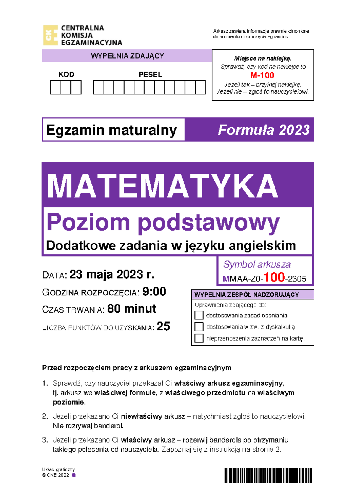 MMAA-Z0-100-2023: Arkusz Egzaminu Maturalnego z Matematyki - Studocu