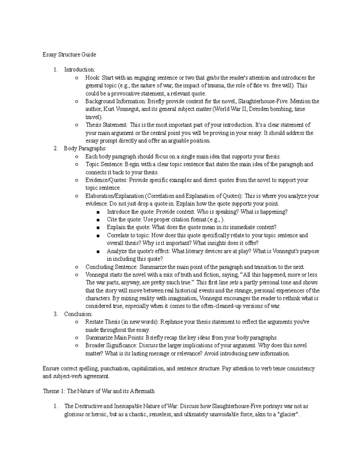 Slaughterhouse-Five Essay Structure Guide: Key Themes & Analysis - Studocu