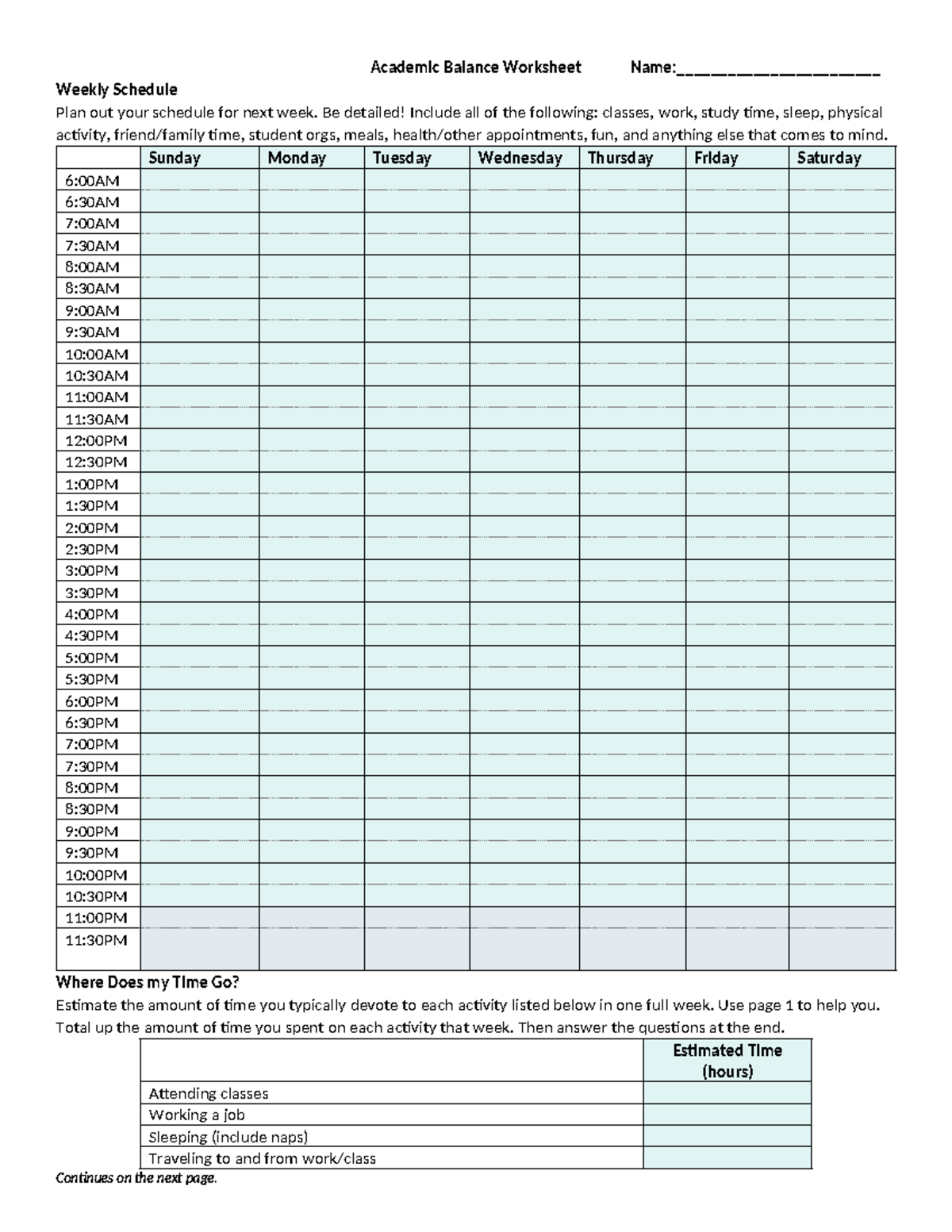 Academic Balance Worksheet: Weekly Schedule Planner - Studocu
