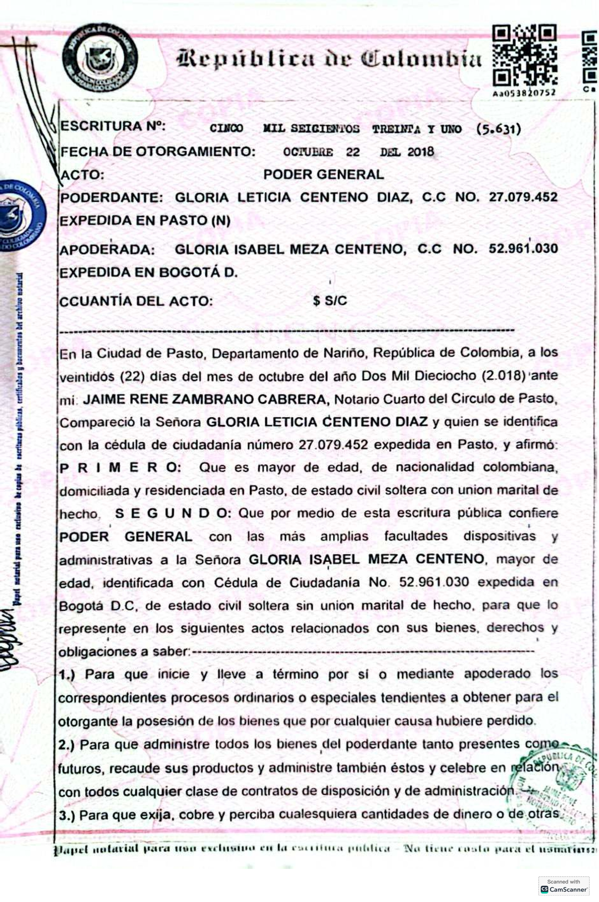 Poder General de Gloria Centeno - Escritura Pública No. 5.631 - Studocu