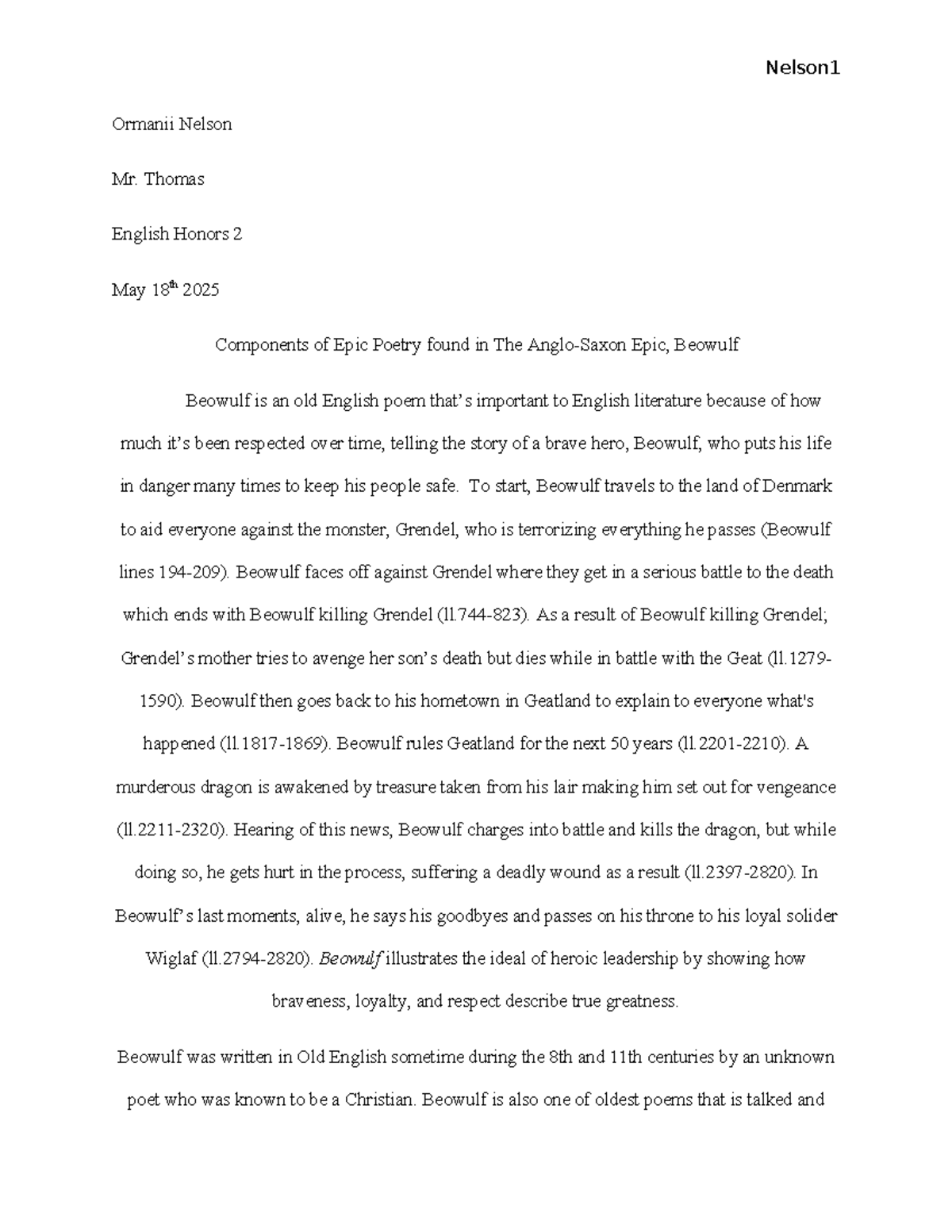 Beowulf Essay: Analyzing Epic Poetry Components in English Honors 2 ...