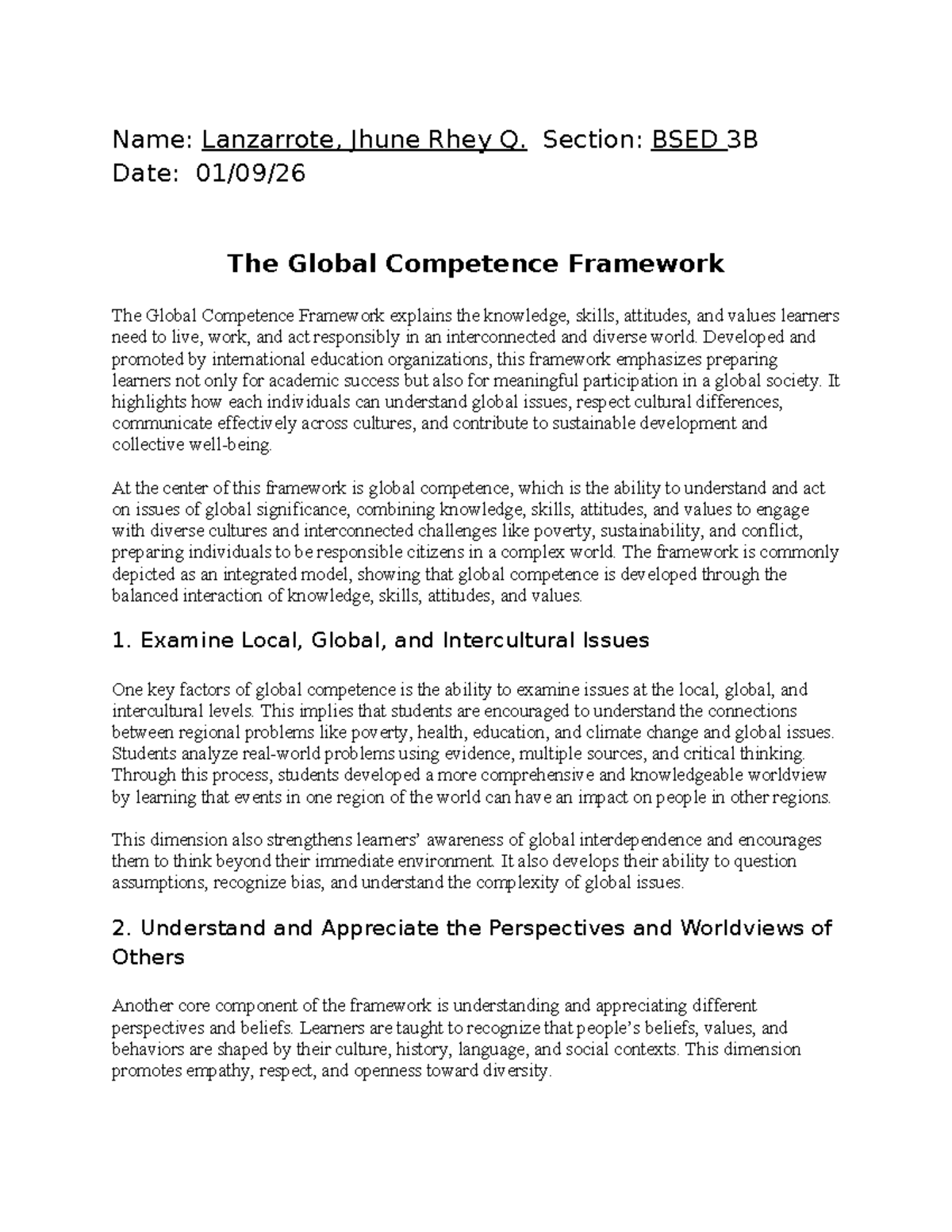 Global Competence Framework: Understanding Local & Global Issues (BSED ...