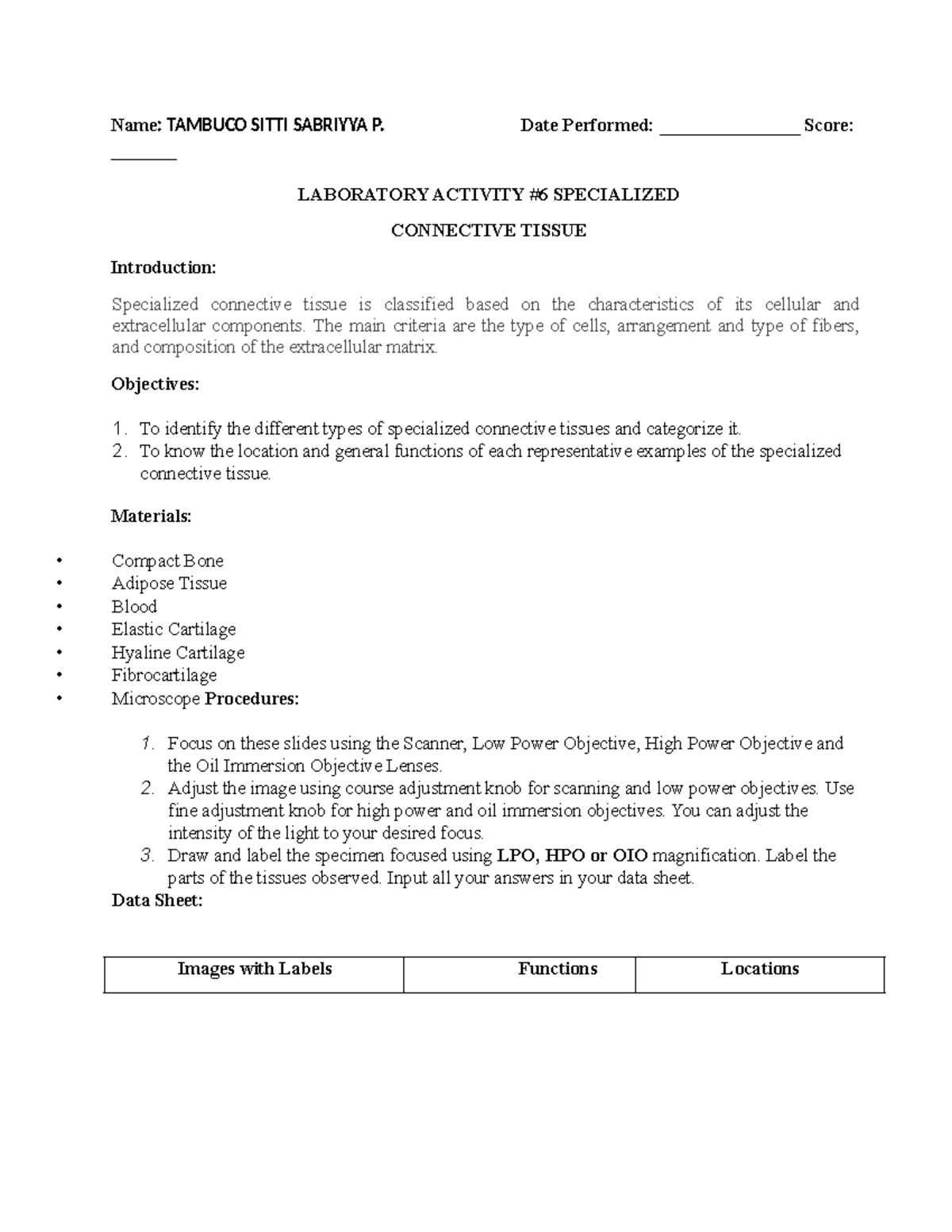 Lab Activity 6: Specialized Connective Tissue Exploration and Analysis ...