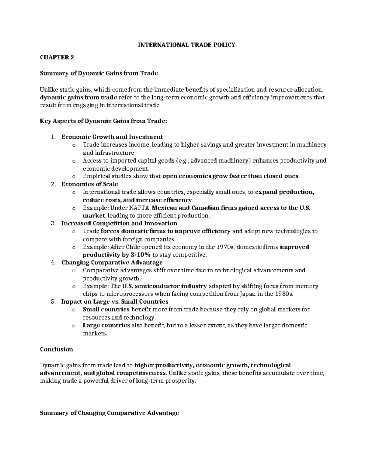 INTERNATIONAL TRADE POLICY CHAPTER 2: Dynamic Gains from Trade Summary - Studocu