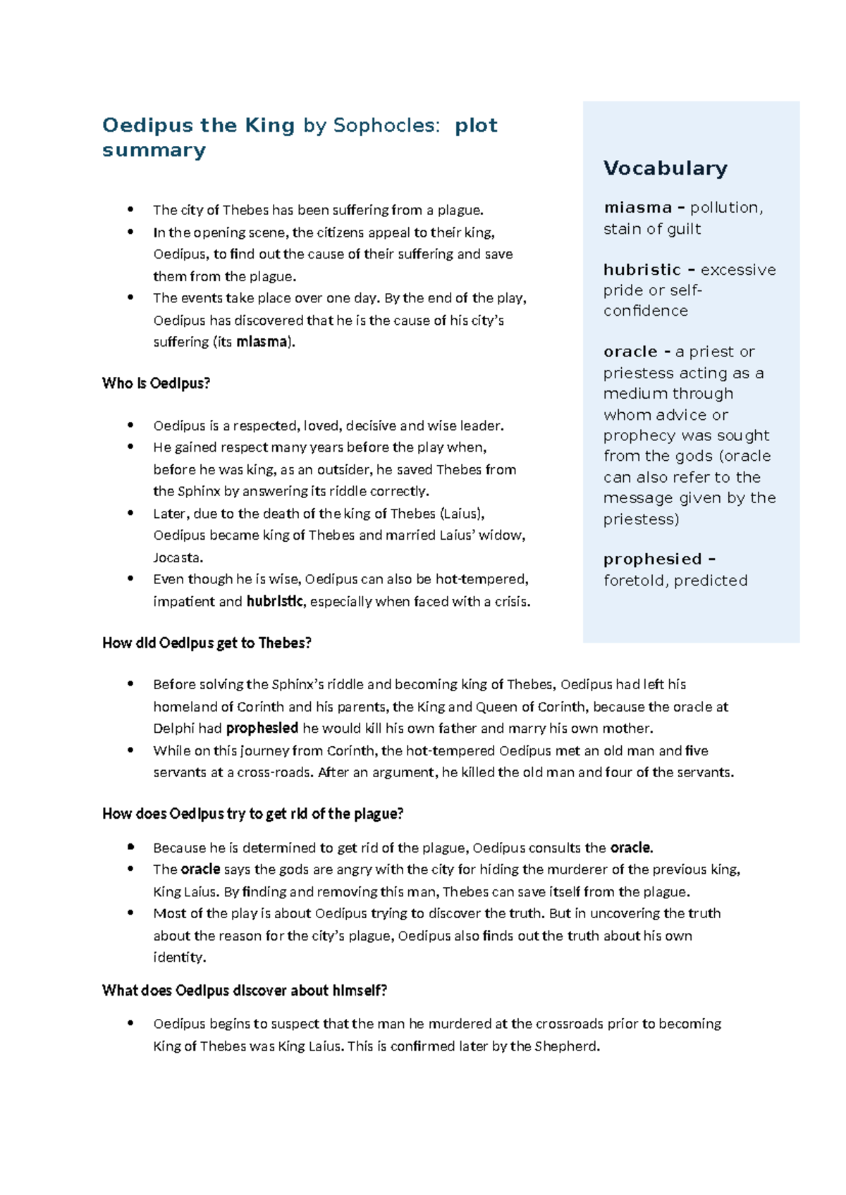 2025 Oedipus the King: Basic Plot Summary and Analysis - Studocu