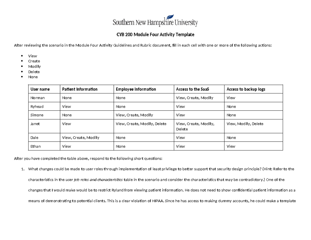 CYB 200 Module Four Activity - What changes could be made to user roles ...