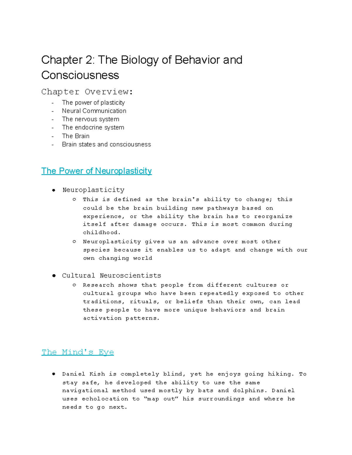 Chapter 2 Notes: The Biology of Behavior & Consciousness - Studocu