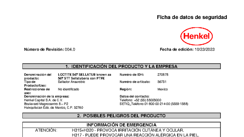Loctite 567 SDS 270878 - FDS - Ficha de datos de seguridad Número de ...