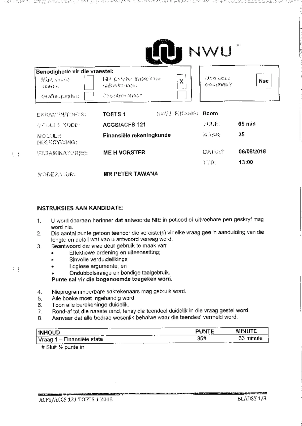 2017 ACCF 121 Class Test 1: Financial Accounting Exam Instructions and ...