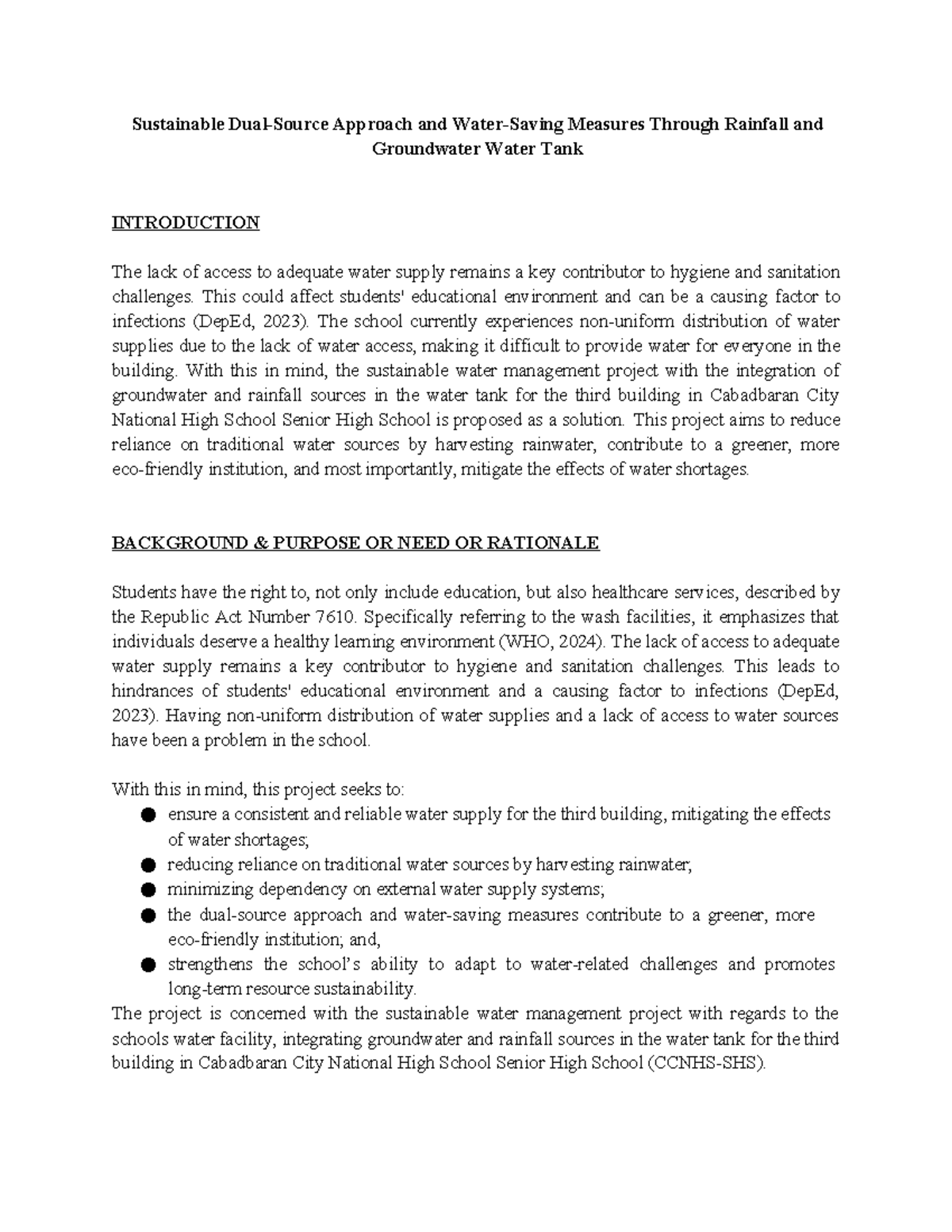 Sustainable Water Management Proposal: CCNHS-SHS Water Tank System ...