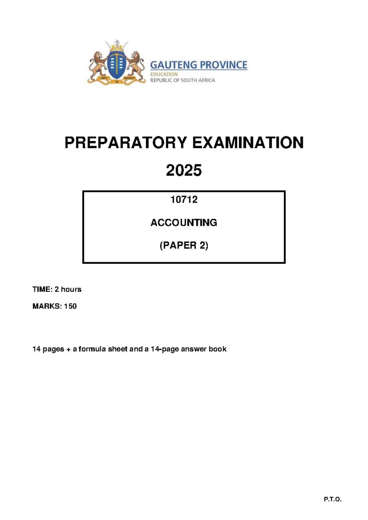 10712 Accounting P2 Preparatory Exam 2025 Guide - Studocu