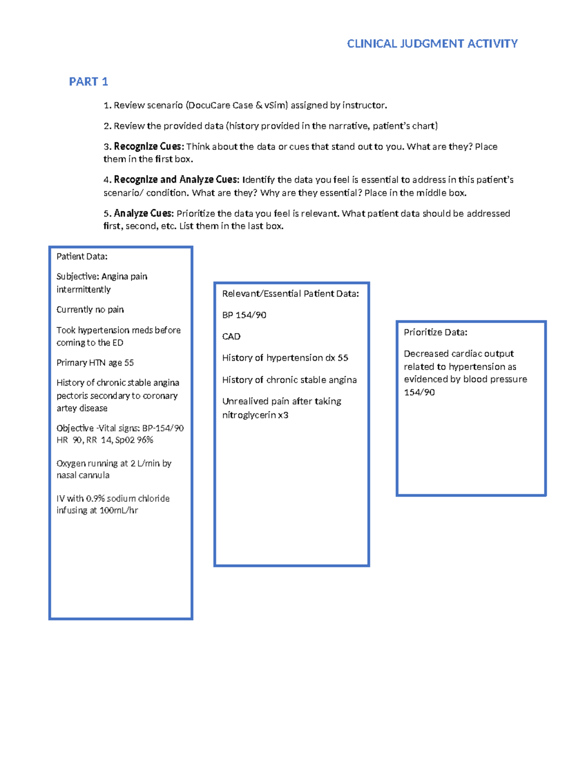JC Pre-Clinical Clinical Judgment Worksheet – Cues and Prioritization ...