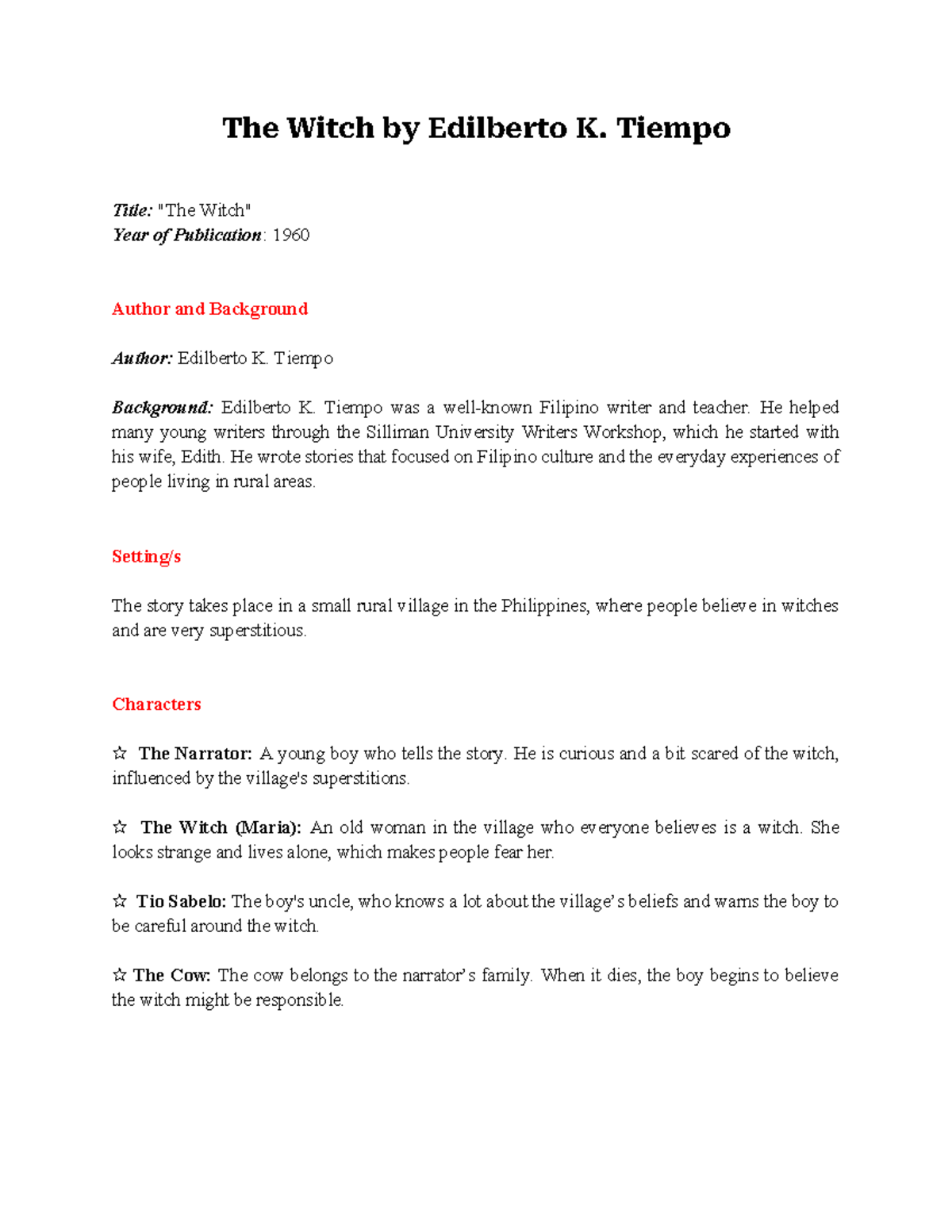 Analysis of "The Witch" by Edilberto K. Tiempo - Studocu