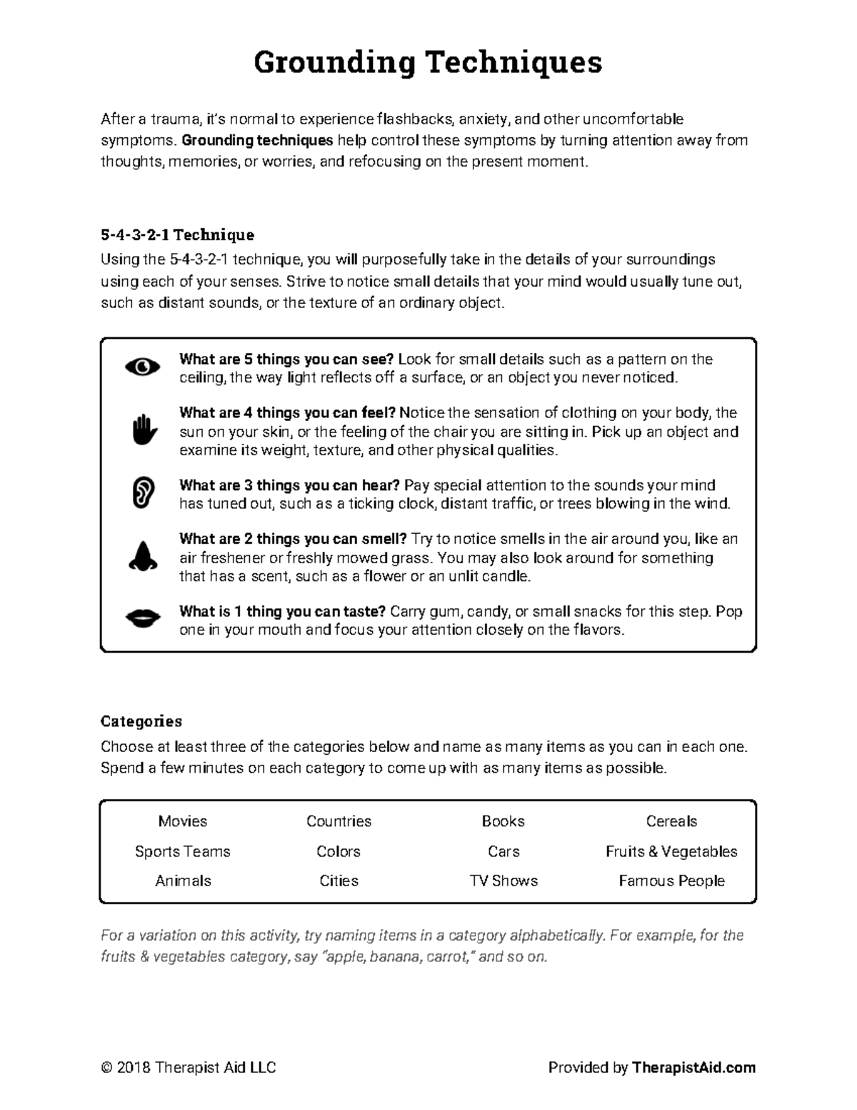 Grounding Techniques worksheet - Grounding Techniques © 201 8 Therapist ...