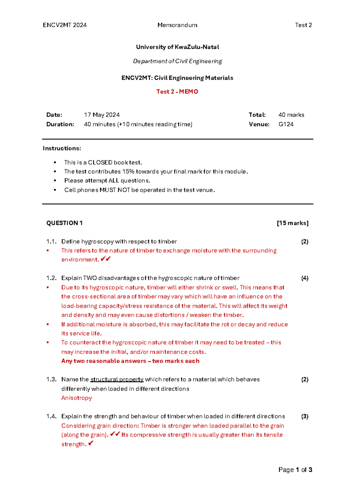 ENCV2MT 2024 - Test 2 Memorandum for Civil Engineering Materials - Studocu