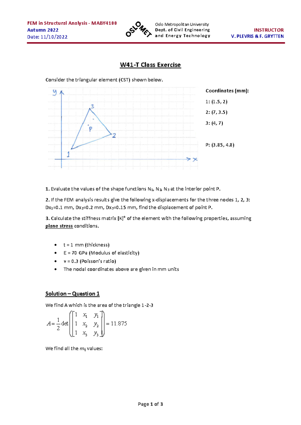 W41-T Class Exercise - Finite element analysis - Page 1 of 3 FEM in ...