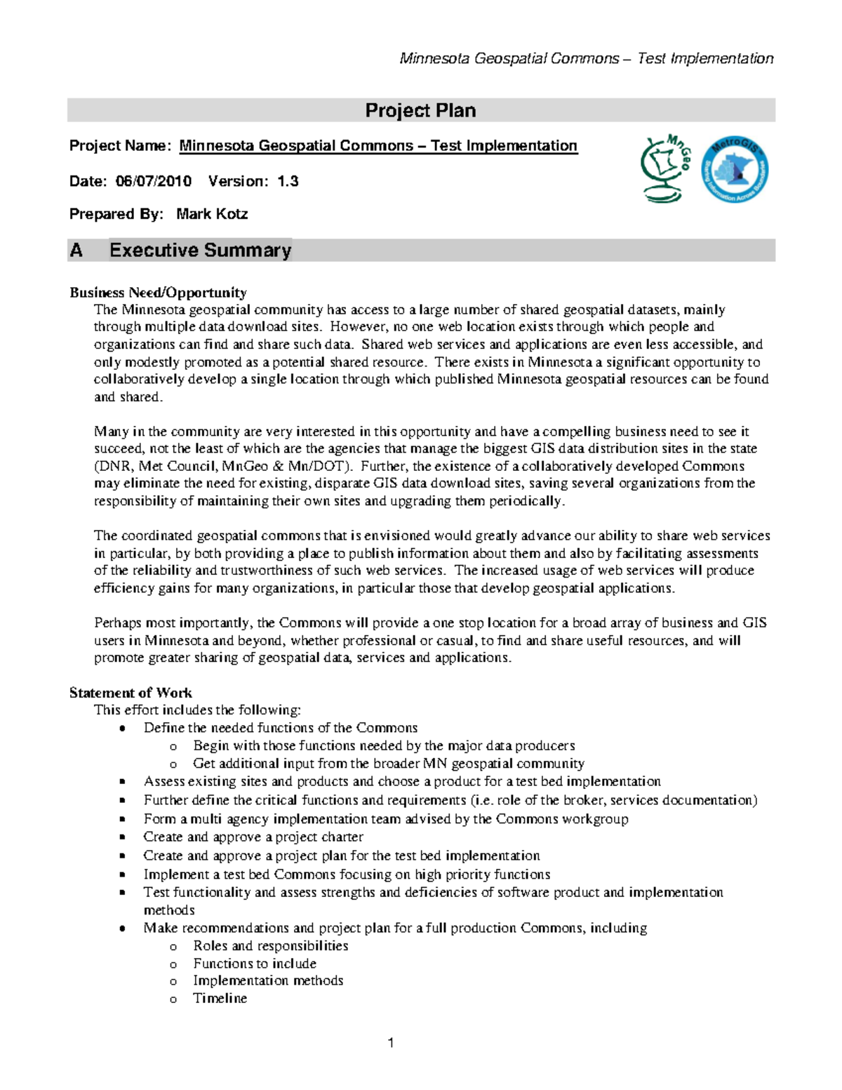Minnesota Geospatial Commons Test Implementation Project Plan v1.3 ...