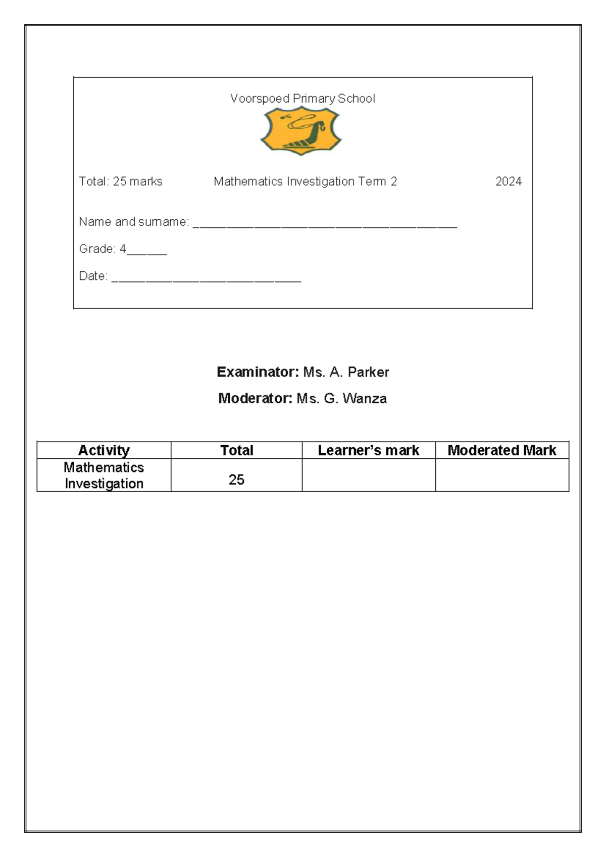 Grade 4 T2 Maths Investigation: Total 25 Marks Assessment - Studocu