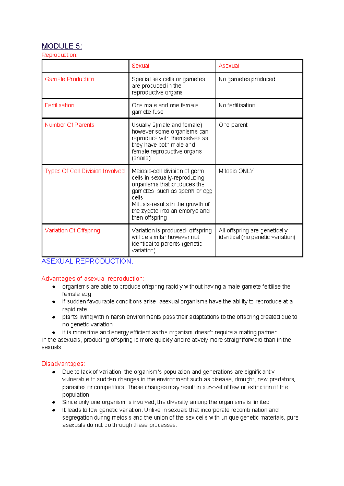 Bio Notes YR12: Module 5 - Reproduction: Sexual & Asexual Processes ...