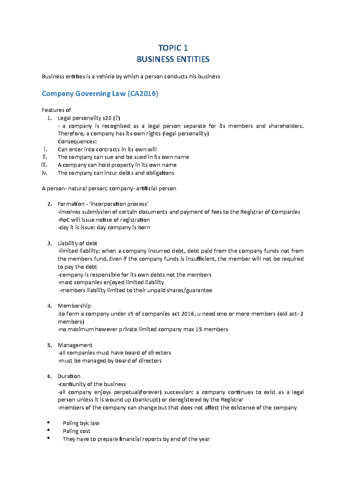 Company Law (CA2016) Lecture Notes on Business Entities and ...