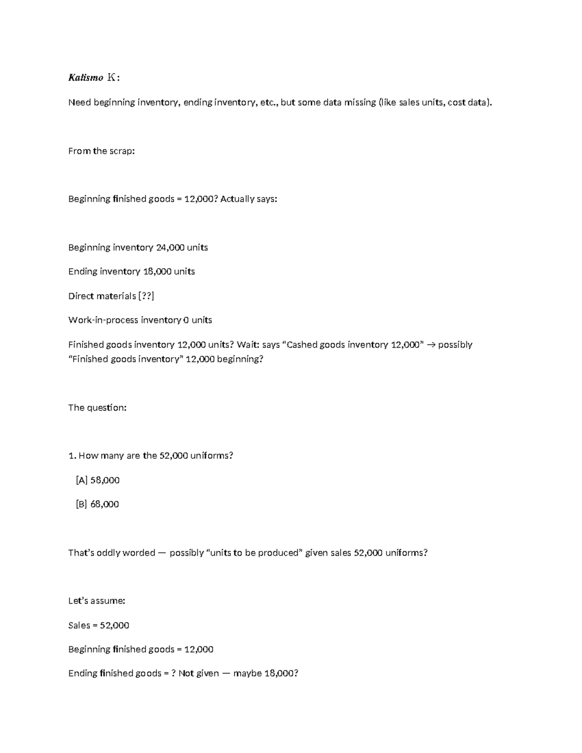 Kalisimo K: Inventory and Budget Analysis for Missing Data - Studocu