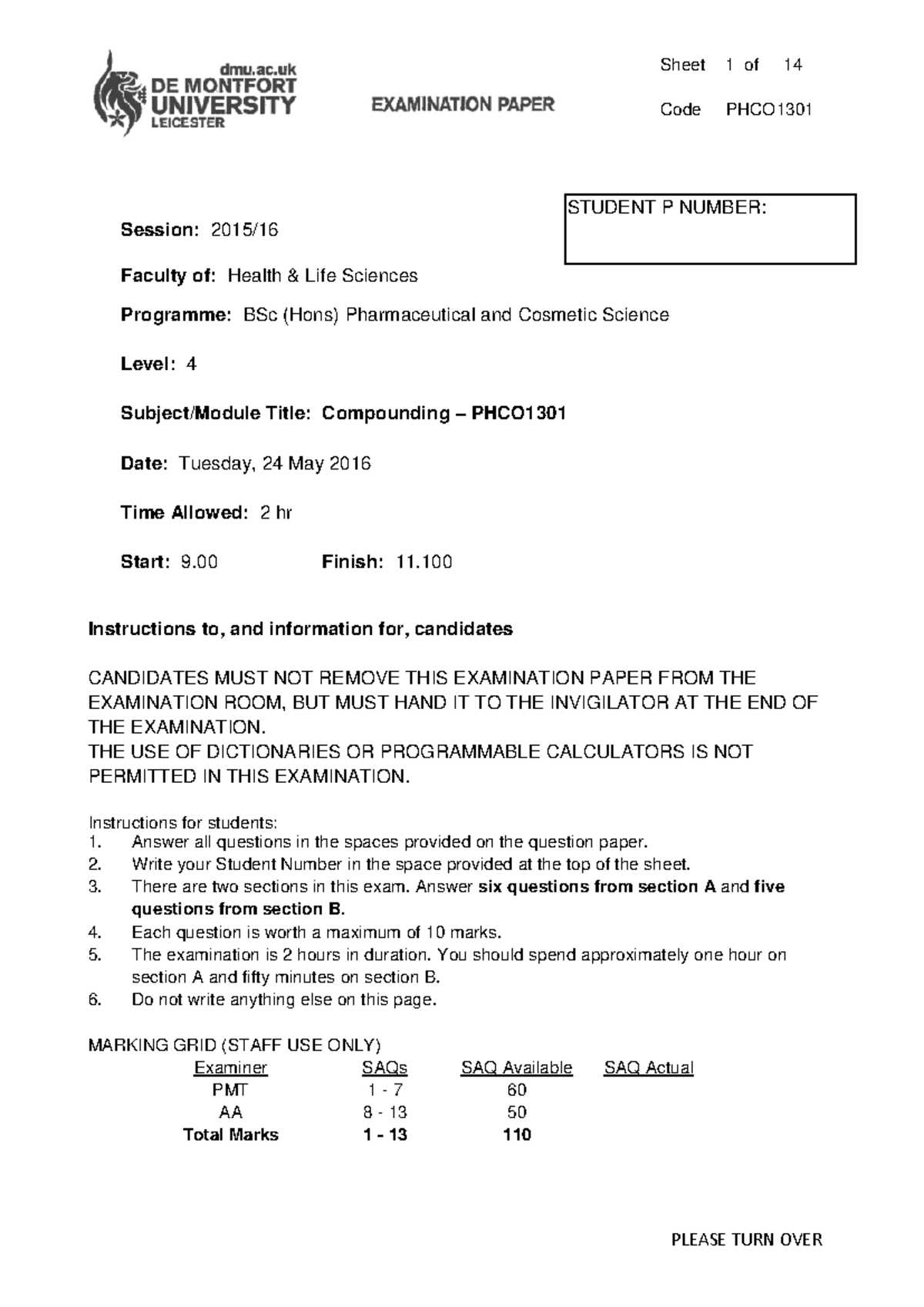 Exam 24 May 2016, questions - Sheet 1 of 14 Code PHCO1301 STUDENT P ...