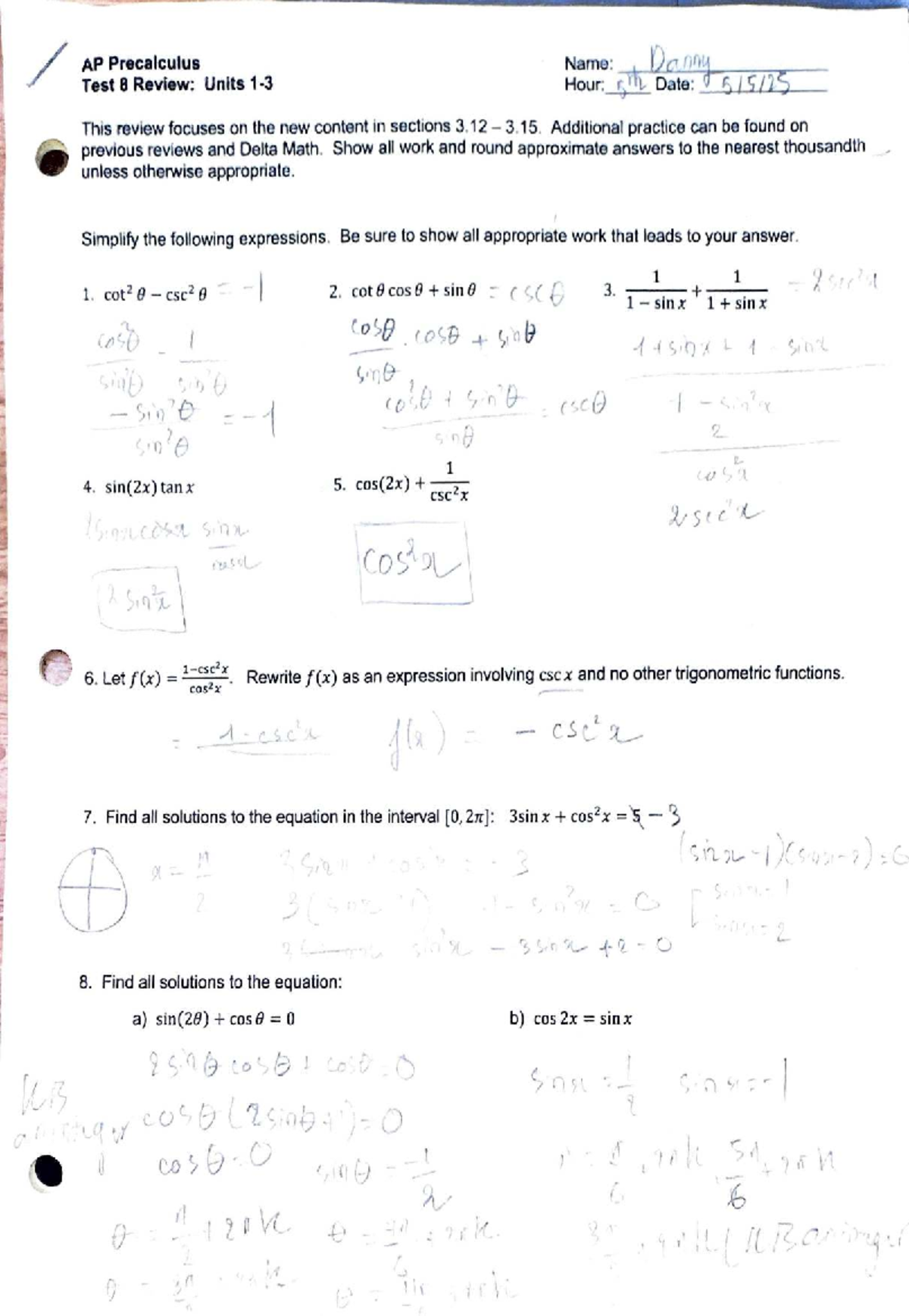AP Precalculus Test 8 Review: Trigonometric Functions and Graphs - Studocu