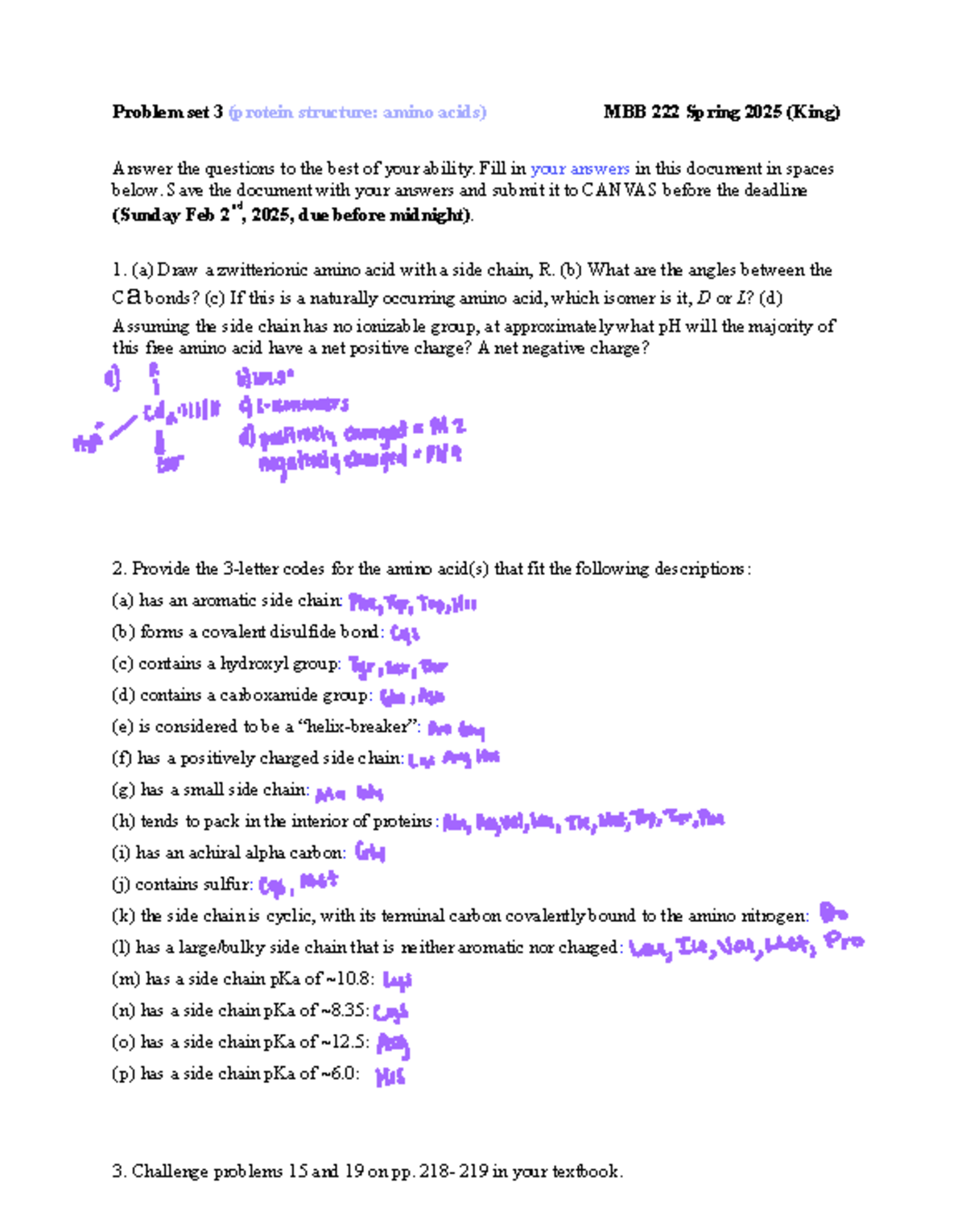 Problem set 3 Spring 2025 - Problem set 3 (protein structure: amino acids) MBB 222 Spring 2025 ...