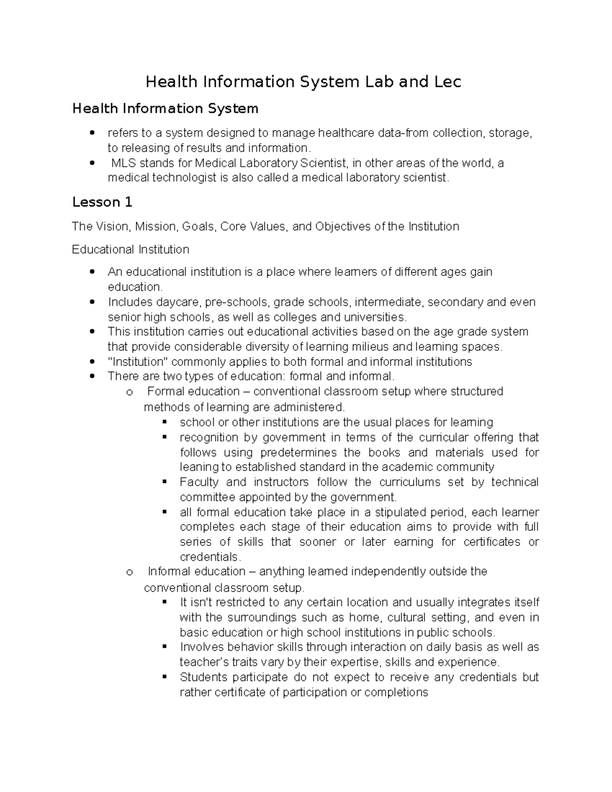 Health Information System Lab and Lecture Notes (HIS 101) - Studocu