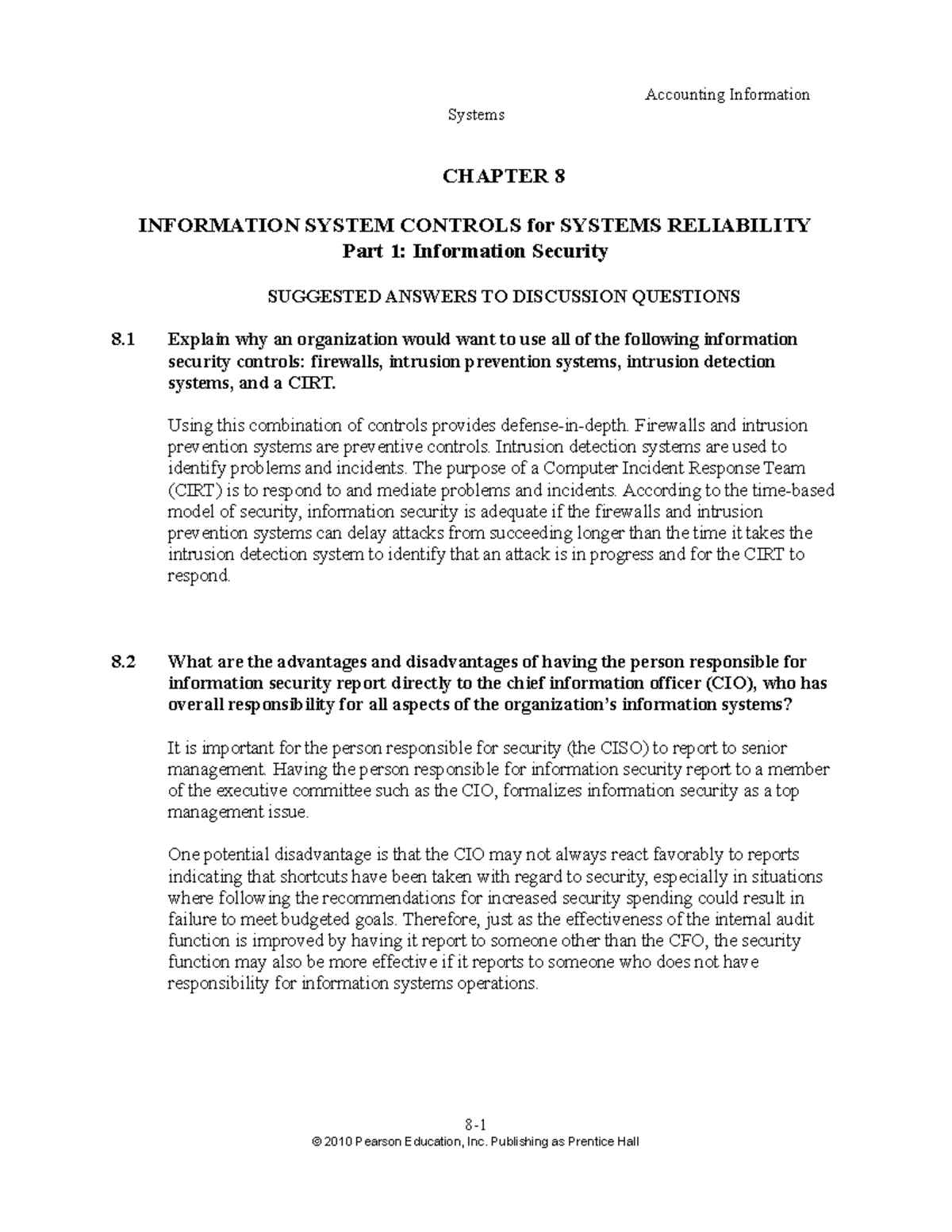 Rais12 SM CH08 - CHAPTER 8 INFORMATION SYSTEM CONTROLS for SYSTEMS RELIABILITY Part 1 ...