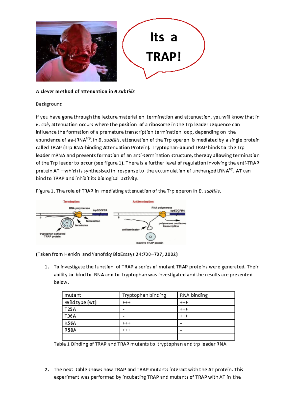 BCHM 301: TRAP Function and Attenuation in B. subtilis - Studocu