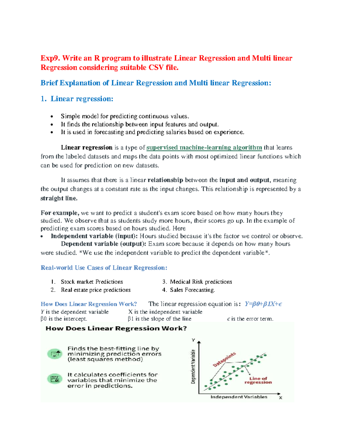 Exp9: R Program for Linear & Multiple Regression Analysis - Studocu