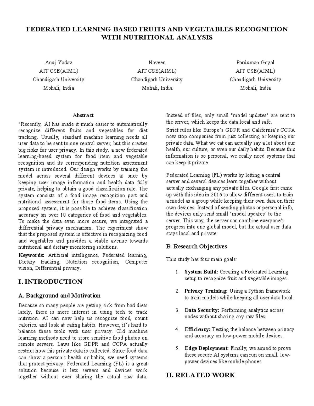 Federated Learning for Fruit & Vegetable Recognition: A Nutritional ...