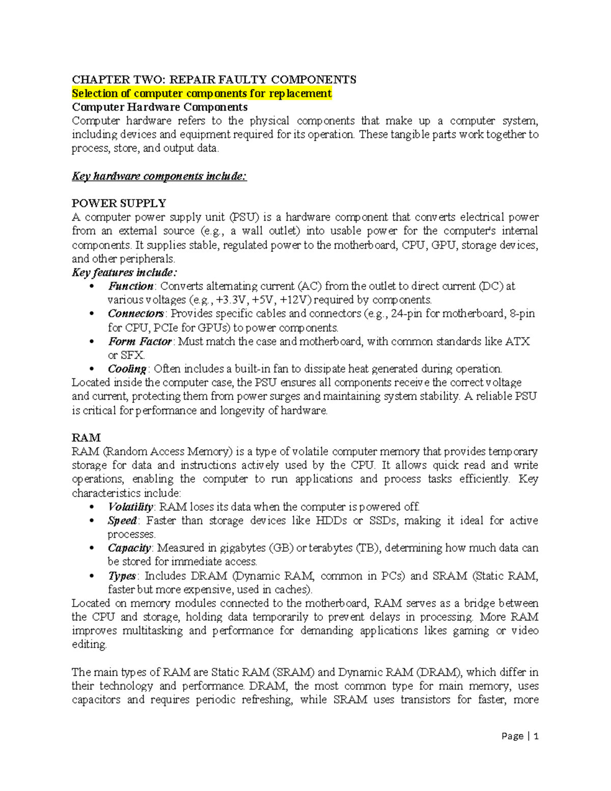 CHAPTER 2: COMPUTER HARDWARE COMPONENTS Overview and Key Features - Studocu