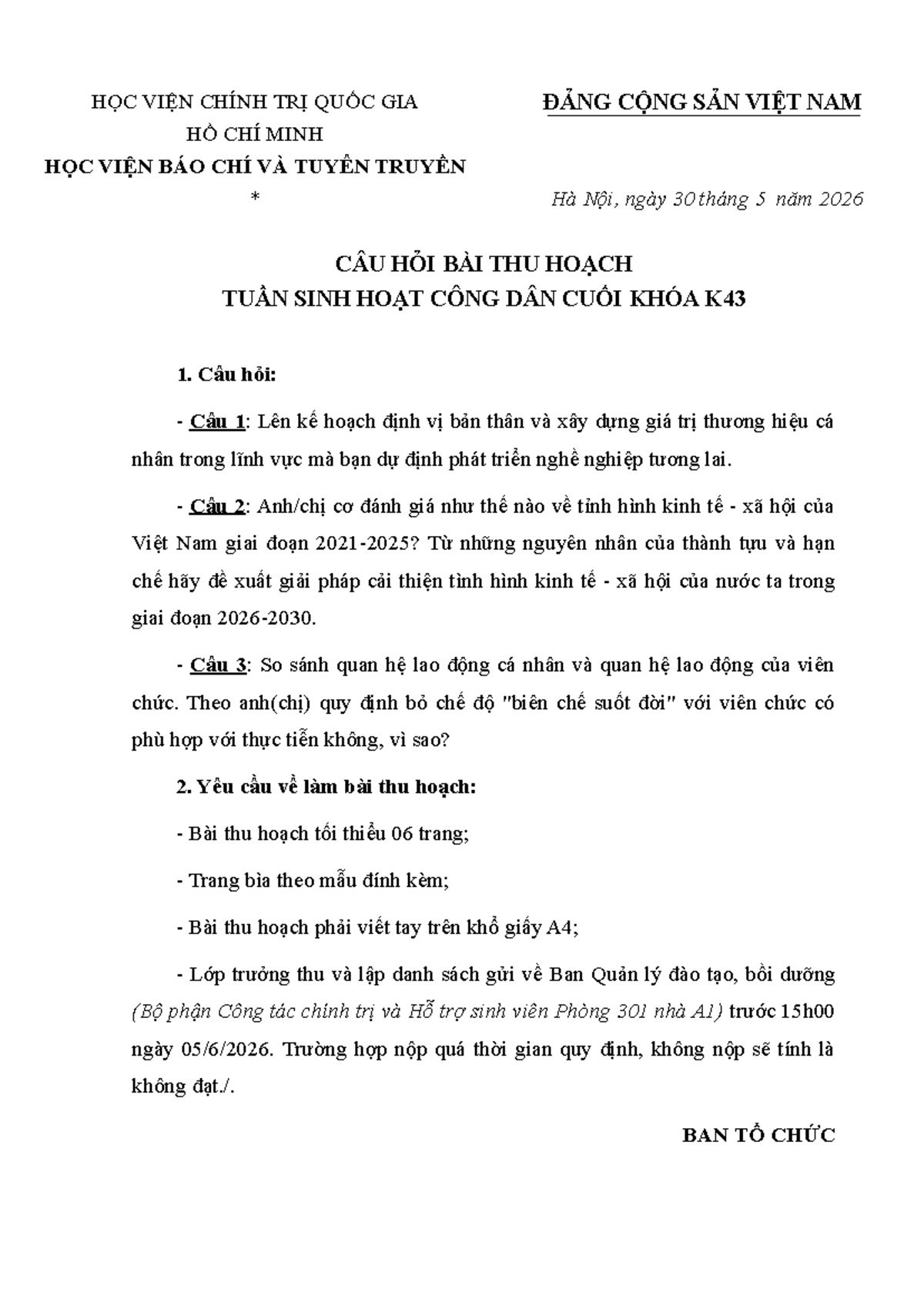 BÀI THU HOẠCH SINH HOẠT CÔNG DÂN CUỐI KHÓA K43 - Studocu