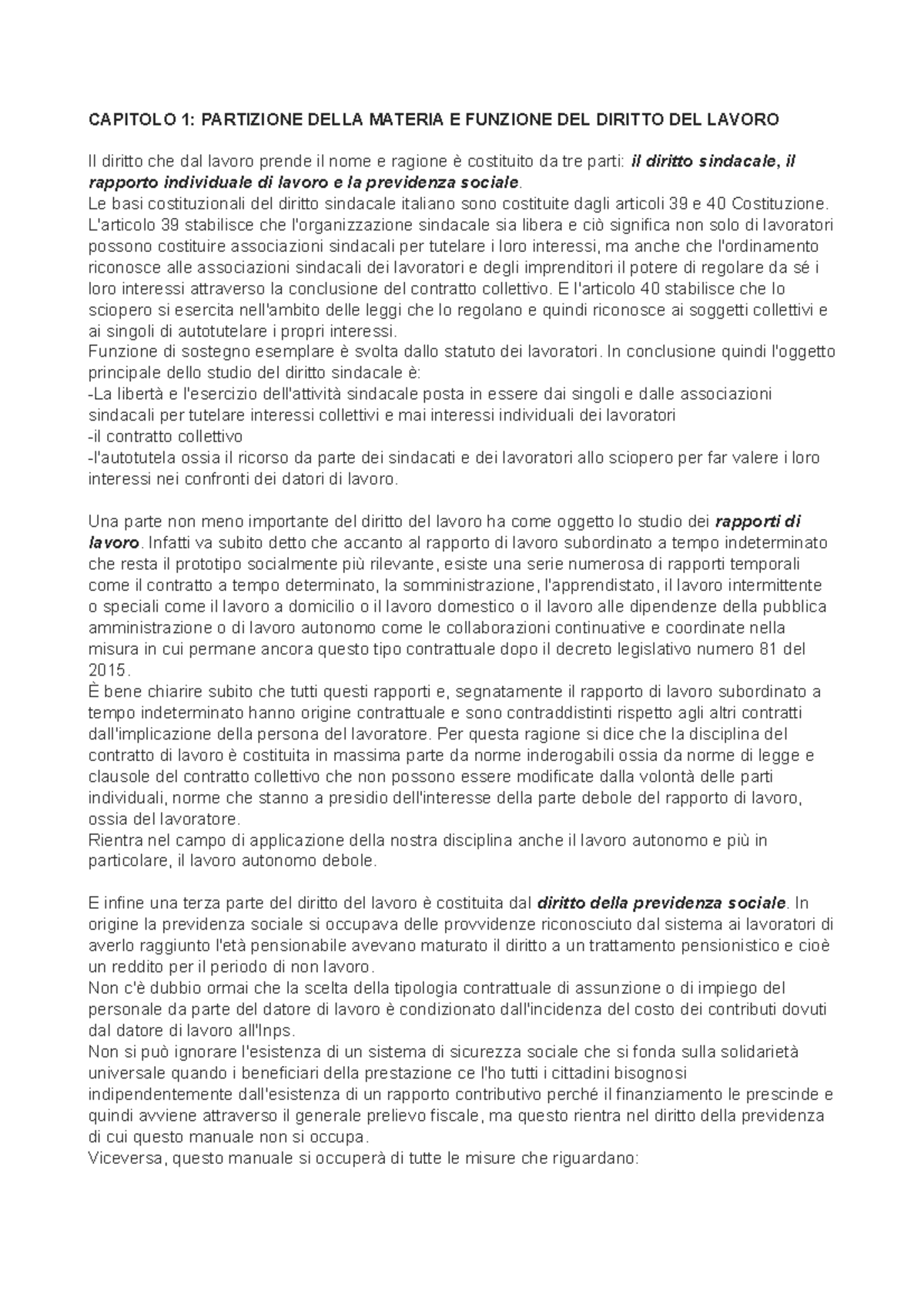 Diritto-lavoro- CAPITOLO 1: PARTIZIONE DELLA MATERIA E FUNZIONE DEL ...