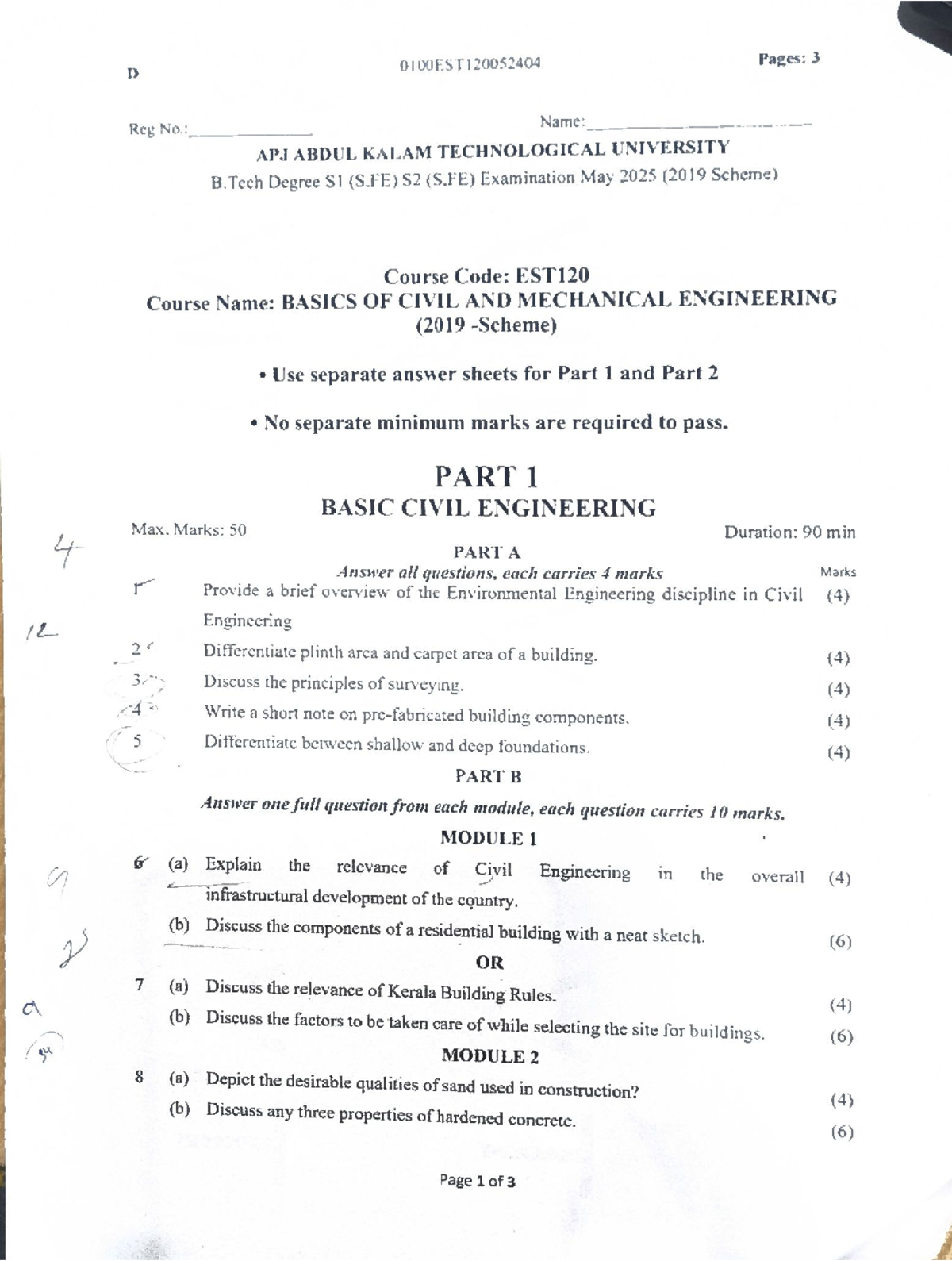 B. Tech EST120 Basics of Civil & Mechanical Engg Exam May 2025 - Studocu