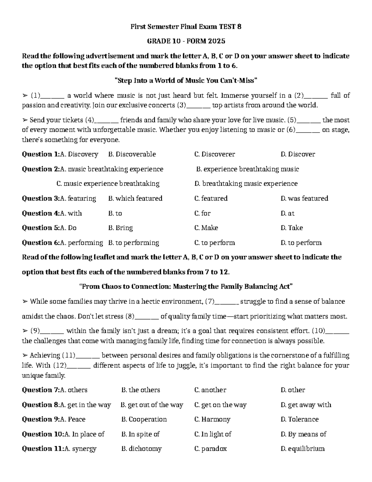 Grade 10 First Semester Final Exam - TEST 8 Practice Questions - Studocu
